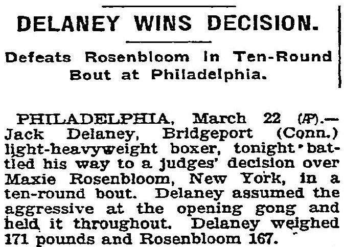 Il y a 90 ans aujourd’hui, Jack Delaney battait Maxie Rosenbloom